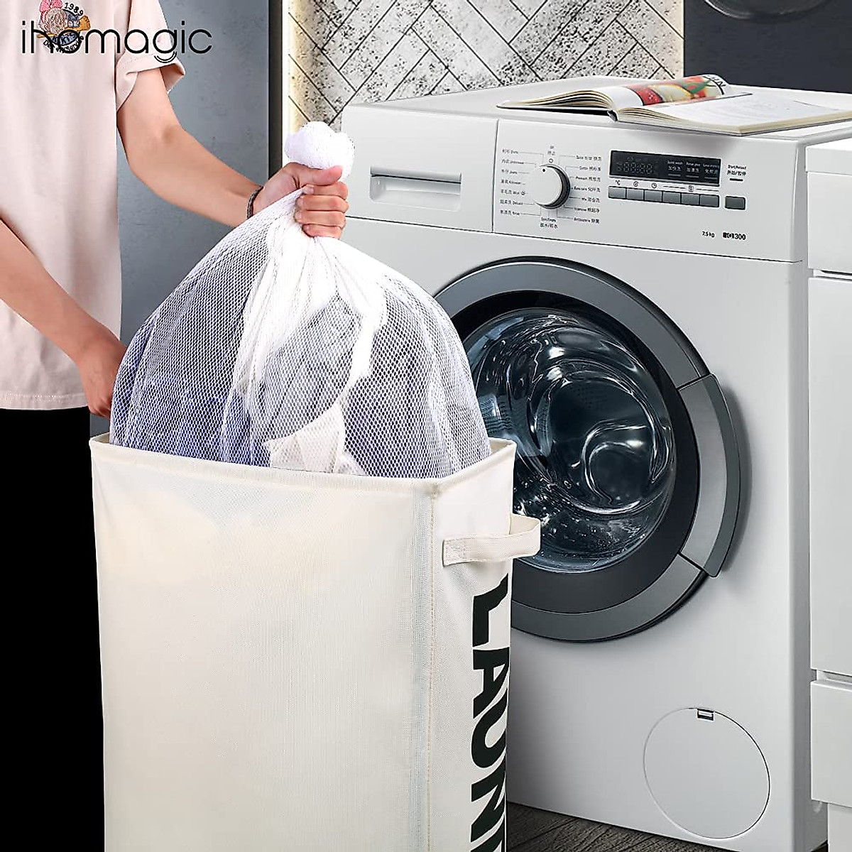 IHOMAGIC 62L Laundry Baskets on Wheels – Decorative Foldable Laundry Hamper with Removable Mesh Laundry Bags, Large Corner Storage Bins Handles for Storing Bedroom Clothes (Beige)