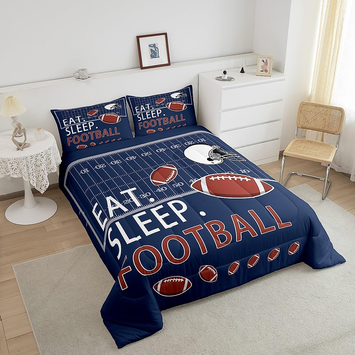 Feelyou Rugby Comforter Set Twin Size Football Field Coverlet Set for Kids Boys Girls Decor Ball Games Comforter Microfiber Navy Blue Quilt Set Bedroom Bedclothes