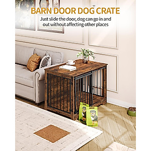 Hzuaneri Dog Crate Furniture, 39.4" Double Door Dog Crate with Barn Door, Dog Kennel Indoor, End Side Table Wooden Dog Crate for Small Medium Large Dog, Anti-Chew Anti-Escape, Rustic Brown DFC02301B