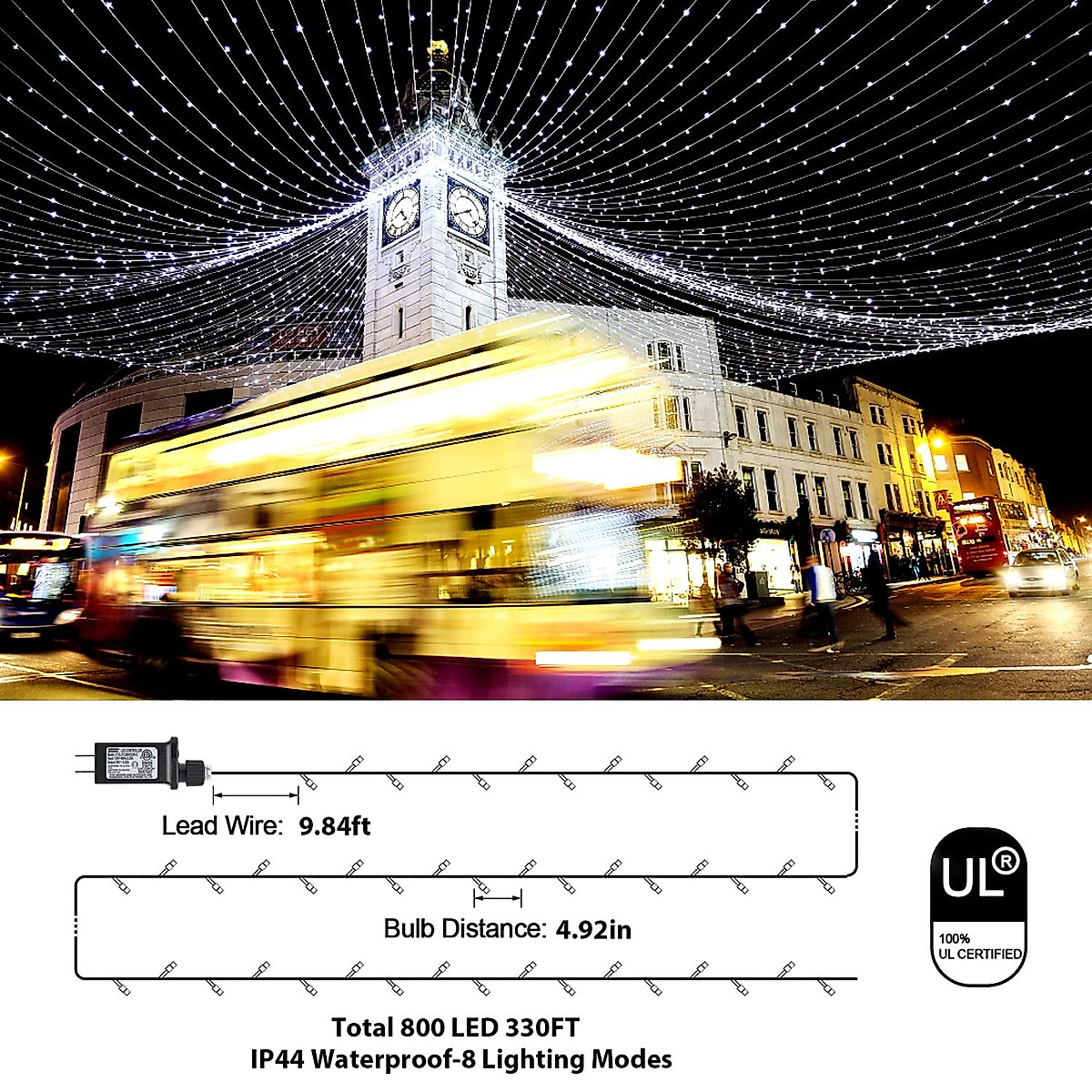 ZHOUDUIDUI Outdoor Christmas String Lights, 800LED 330FT White Fairy Lights, 8 Mode Plug in Waterproof Indoor Outdoor Decor Lights for Bedroom Christmas Thanksgiving Wedding Party Garden Yard Tree