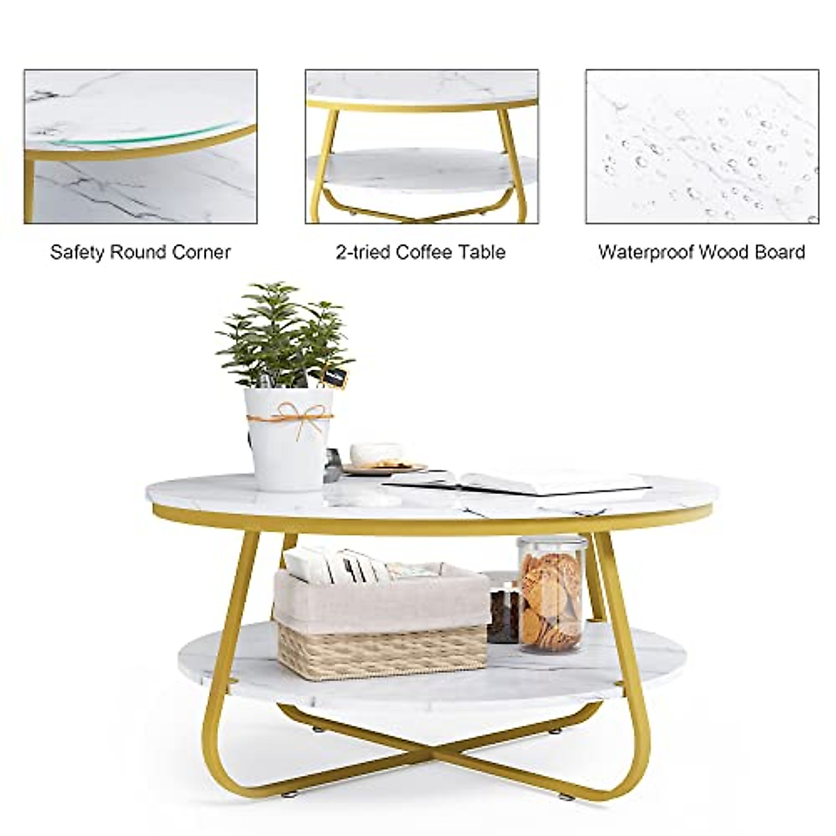 Elephance Modern Round Coffee Table with Storage, 35.4 Inch Faux Marble Coffee Table with Strong Metal Gold Frame for Living Room, Dining Room