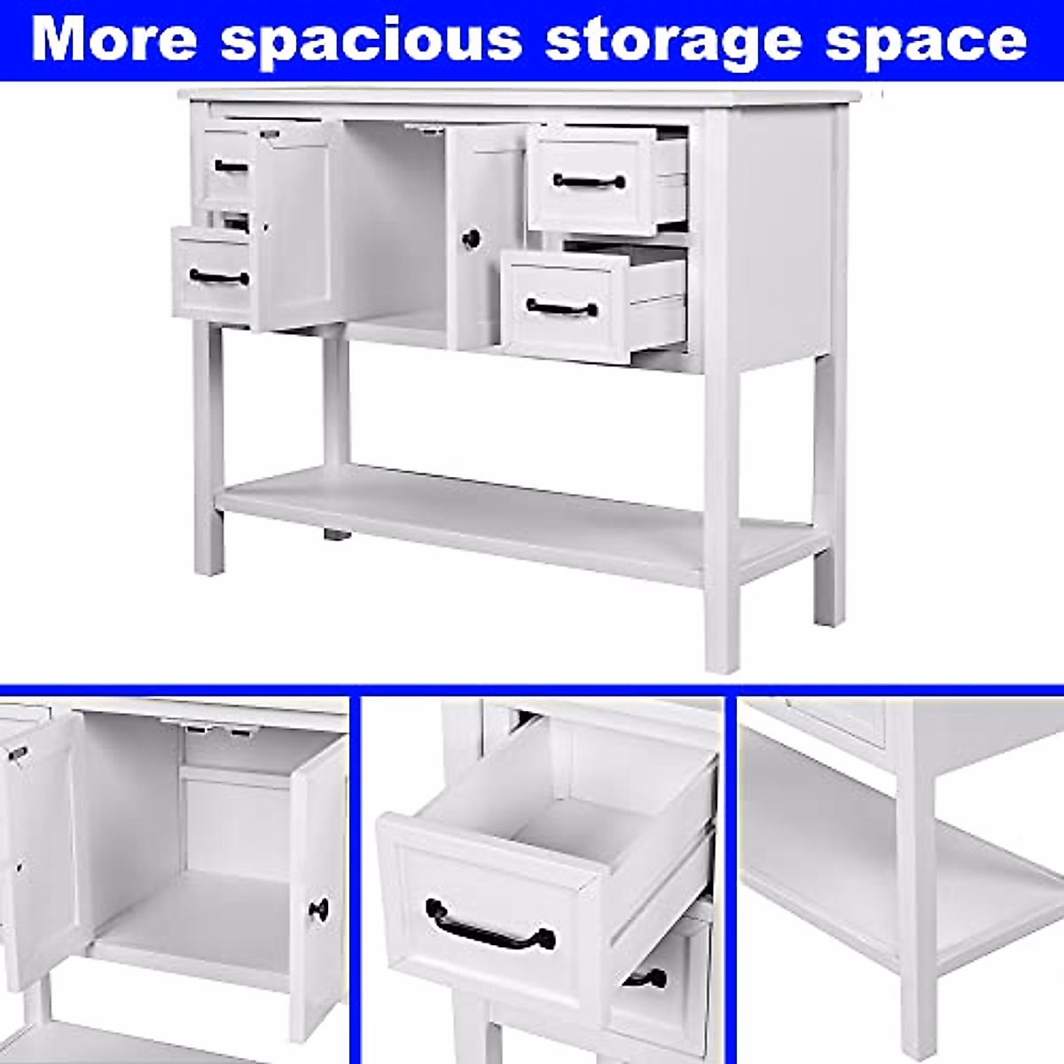 DANGRUUT Elegant Farmhouse Thicken Solid Wood Buffet Sideboard with Door Cabinet, Storage Drawers, Bottom Shelf, 43'' Rustic Accent Console Table Buffet Serving Cabinet for Entryway/Kitchen (White)