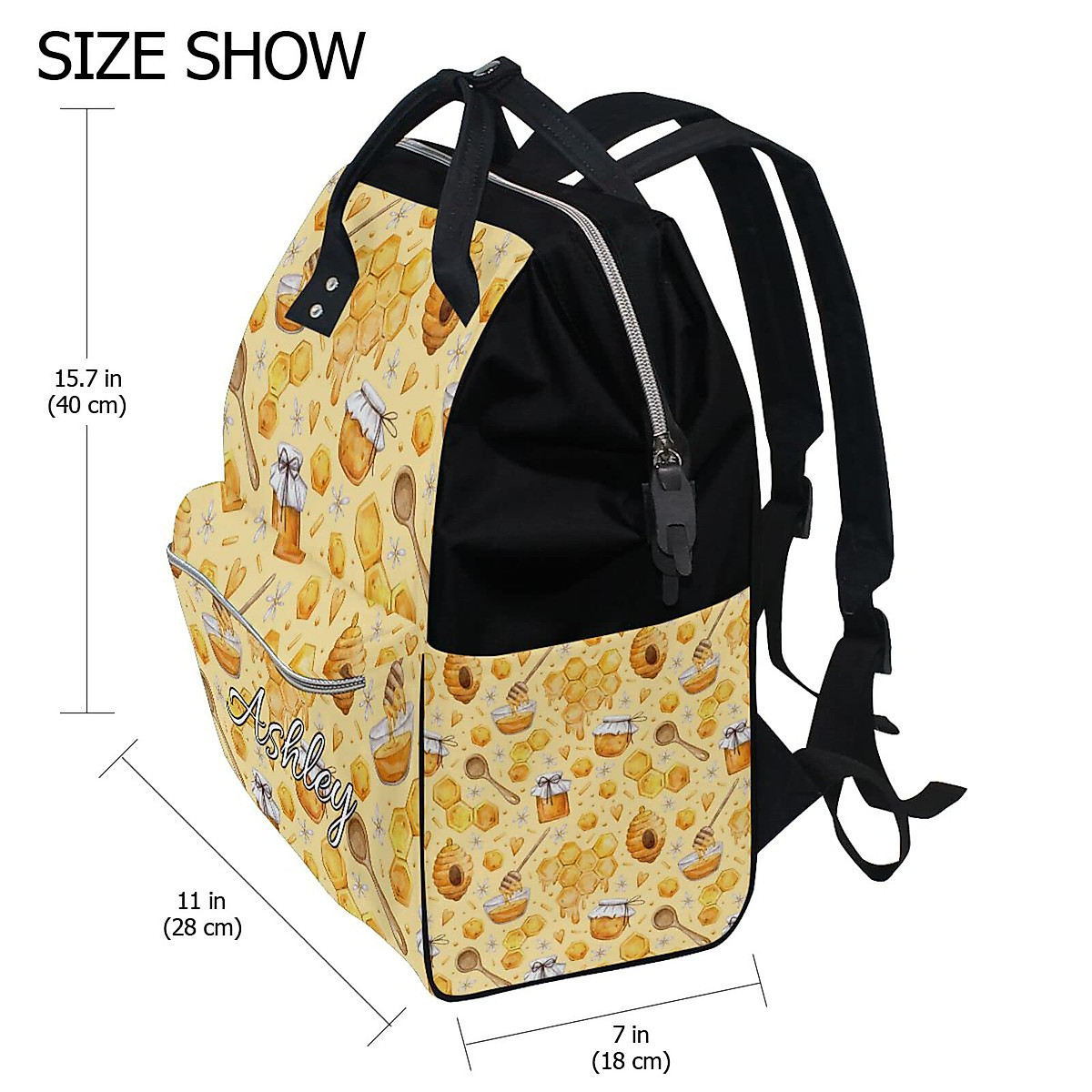 MCHIVER Honey Bee Personalized Diaper Bag Backpack Custom Name Mommy Backpack Baby Changing Bags Nursing Travel Nappy Bags