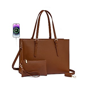 LOVEVOOK Laptop Bag for Women, 15.6 Inch Large Waterproof PU Leather Computer Tote Bag for Work Business Office Travel with USB Charging Port, Fashion Waterproof Shoulder Bag Handbag Purse, Brown
