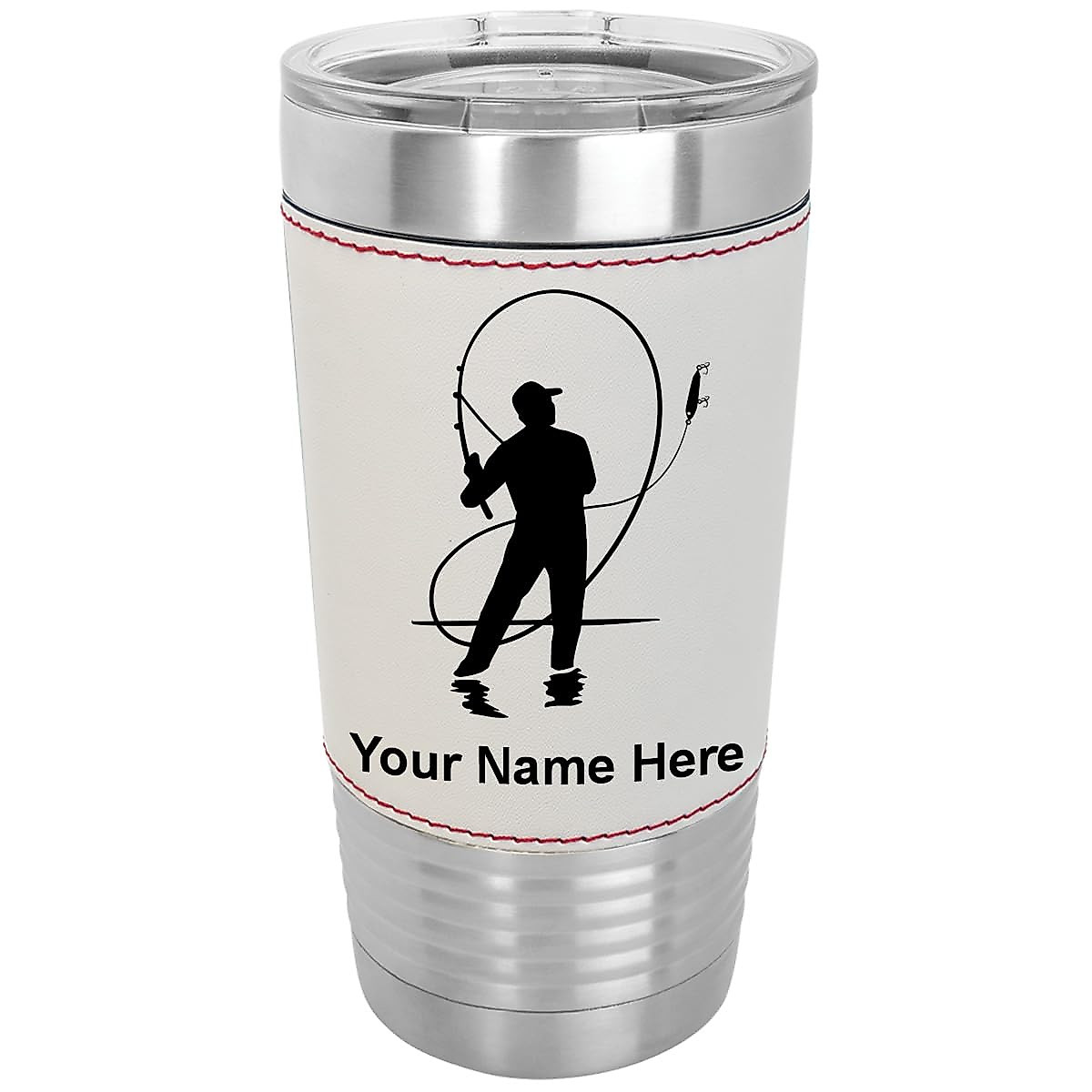 LaserGram 20oz Vacuum Insulated Tumbler Mug, Fly Fisherman, Personalized Engraving Included (Faux Leather, Baseball Style)