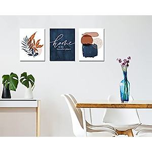 Pigort Framed Blue Canvas Wall Art Set Abstract Botanical Tropical Plants Picture Wall Decor for Living Room Bedroom Bathroom Office (11'' x 14'' x 3 Panel)