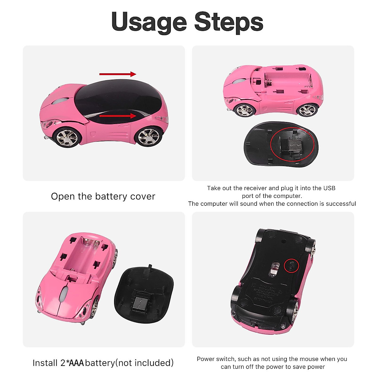 WAONIQ Wireless Mouse, 2.4G Wireless Mouse Car Mouse, Ergonomic Game Mouse with USB Receiver, 1600DPI Optical Mouse, Smart Power Saving, Portable Mouse for PC Windows Laptop Notebook Mac OS(Pink)