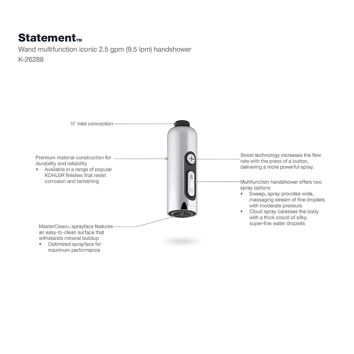 KOHLER 26288-CP Statement Two-Function HAND SHOWER Wand, Maximum Spray Performance with Mode Selector Buttons, Polished Chrome, 2.5 GPM