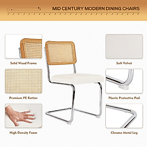 COLAMY Mid Century Modern Dining Chairs Set of 2, Velvet Rattan Dining Room Kitchen Side Chairs with Metal Chrome Legs and Upholstered Seat for Home, Living Room, Bedroom - Beige