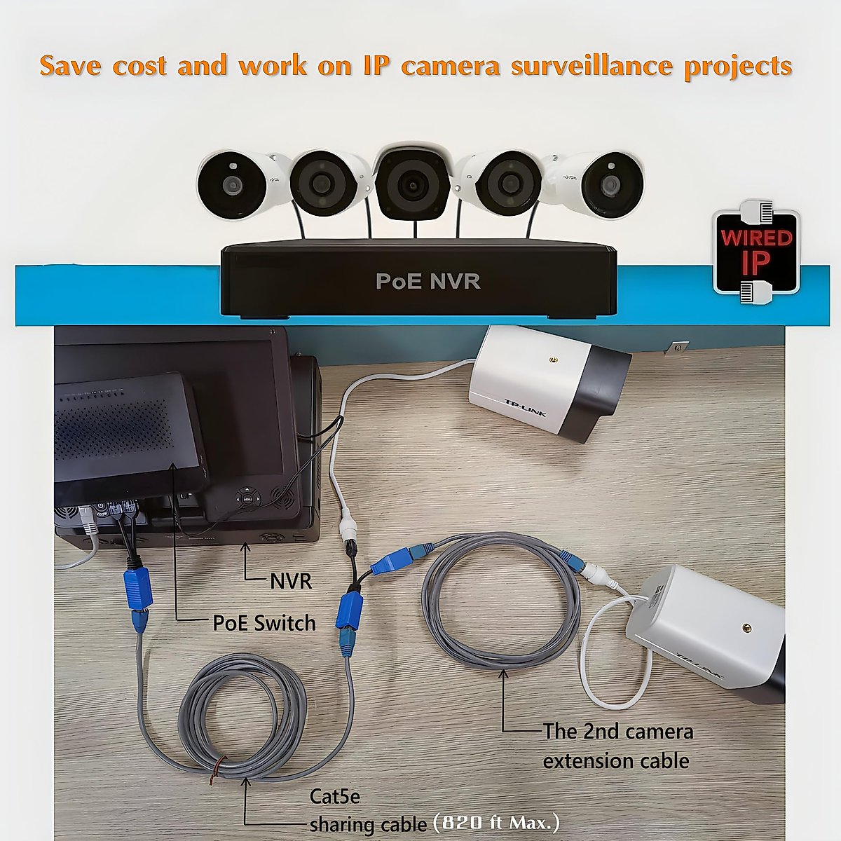 AIMHD 4 Pair RJ45 Ethernet Combiner, Cat5 PoE Splitter, 2-in-1 (2 Cameras Over 1 Cable) Adapter for 8 IP Security Camera NVR Surveillance System