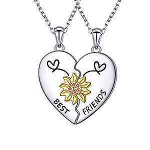 JZMSJF S925 Sterling Silver Best Friends Necklaces Matching Heart Friendship Necklaces for 2 Sunflower BFF Gifts Jewelry Set