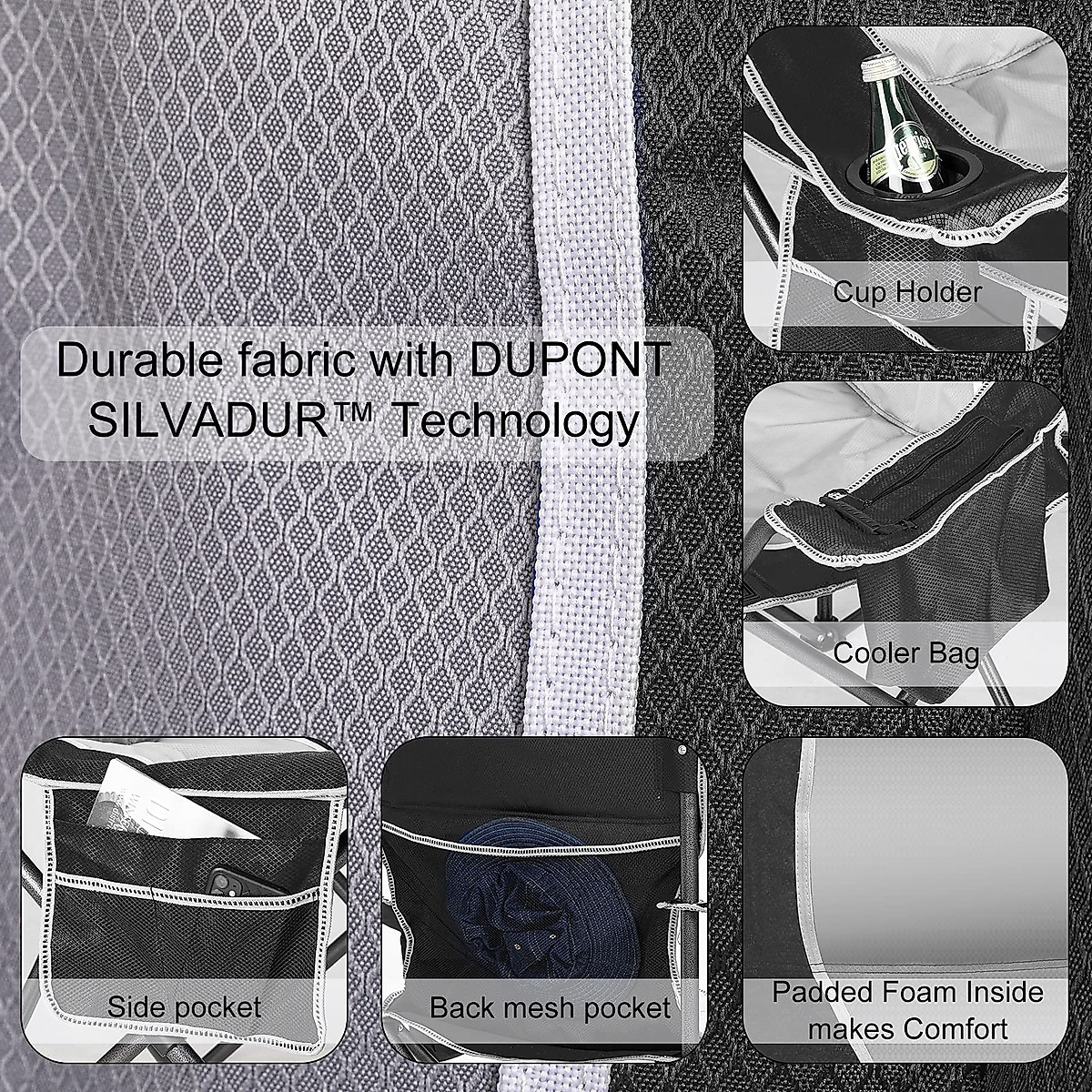 VOYSIGN Padded Camping Chairs for Adults, Oversized Folding Outdoor Chairs, Weight Capacity 475lbs, with Cooler Bag, Cup Holder, Storage Pocket, Carry Bag