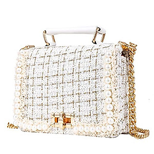 AyTotoro Women Tweed Pearl Purses and Handbags Ladies Fashion Top Handle Chain Quilted Satchel Shoulder Crossbody Tote Bag (White-1)
