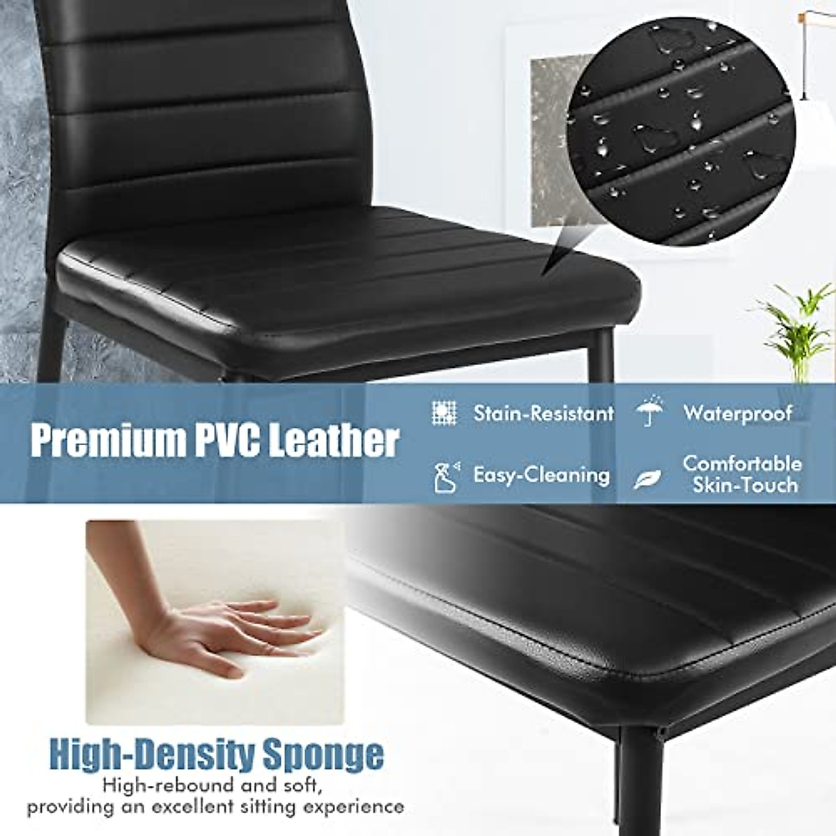 Giantex Set of 4 Dining Chairs, Upholstered Dining Side Chairs with Stain-Proof PVC Leather, Non-Slip Footpads,Easy to Clean and Assemble, High Back Black Kitchen Dining Chairs