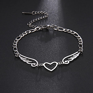 EUEAVAN Love Heart Guardian Angel Wings Charm Stainless Steel Silver Bracelets For Women Jewelry Gifts
