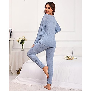 difficort Womens Pajama Sets Long Sleeve Pjs Soft Sleepwear Ribbed Knit Lounge Set with Pockets,K-Light Blue,Small