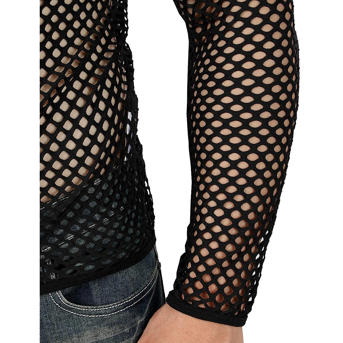 VOWUA Men's Mesh See Through Fishnet Shirts Muscle Pullover Long Sleeves Crew Neck Casual Clubwear Blouse Black