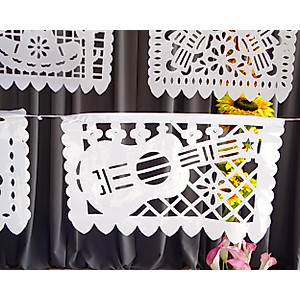 White Papel Picado Banner - Plastic Papel Picado Banner, garland, bunting, streamers - Fiesta Decorations - Mexican white Decorations for mothers day, bridal shower, weddings 5 pack/60 feet