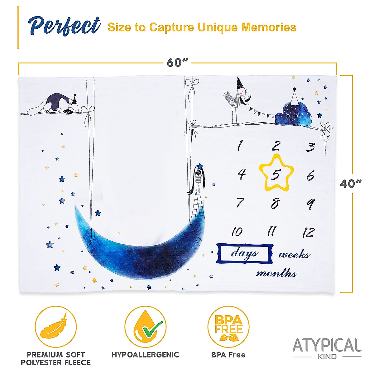 Atypical Kind Monthly Baby Milestone Blanket | Baby Monthly Milestone Blanket for Boy & Girl | Baby Boy Gifts, Nursery Blanket Baby Shower | Newborn Baby Month Blanket | Baby Growth Chart Blanket