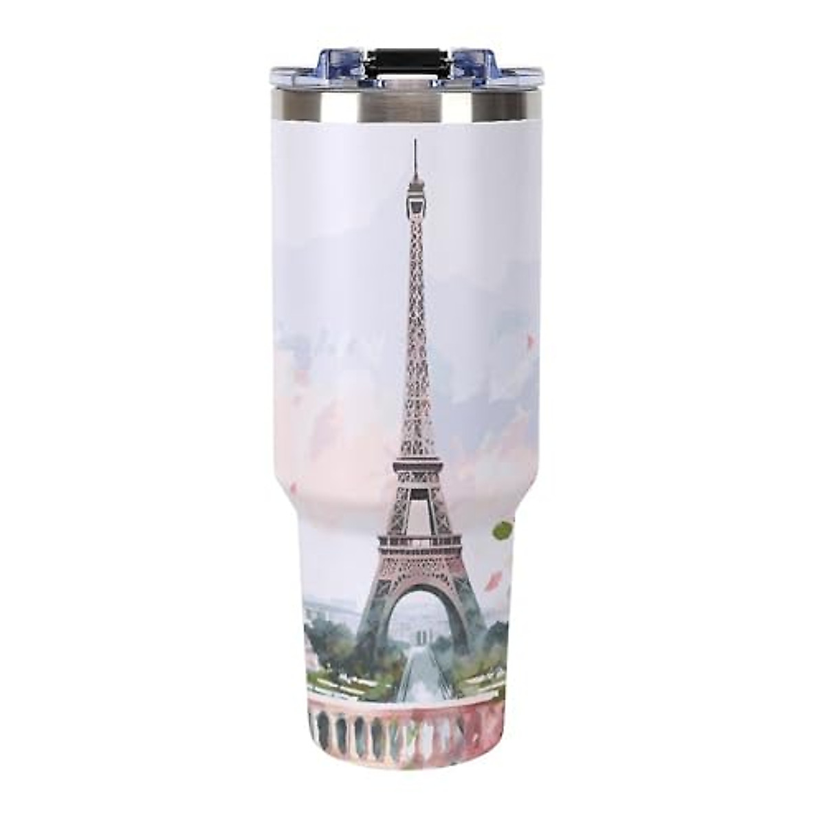 40 Oz Vacuum Tumbler with White Handle Leakproof Insulated Tumbler Paris Eiffel Tower with Flowers Stainless Steel Travel Mug with Lid And Straw Coffee Cup Cute Water Bottles Cup Holder Friendly
