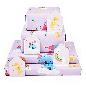 CENTRAL 23 Birthday Wrapping Paper Sheets (x6) - Purple Rainbow and Castle - Gift Wrap for Girls - New Baby - Stars and Crowns - Valentines Day Gift Wrapping Paper - Recyclable