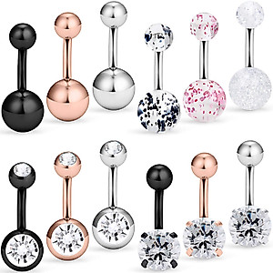 Dyknasz 14G 6MM (1/4") Short Length Surgical Steel Belly Button Rings Clear Diamond CZ Navel Ring Body Piercing Jewelry for Women Men 12 Pieces Silver-Tone Rose Gold Black
