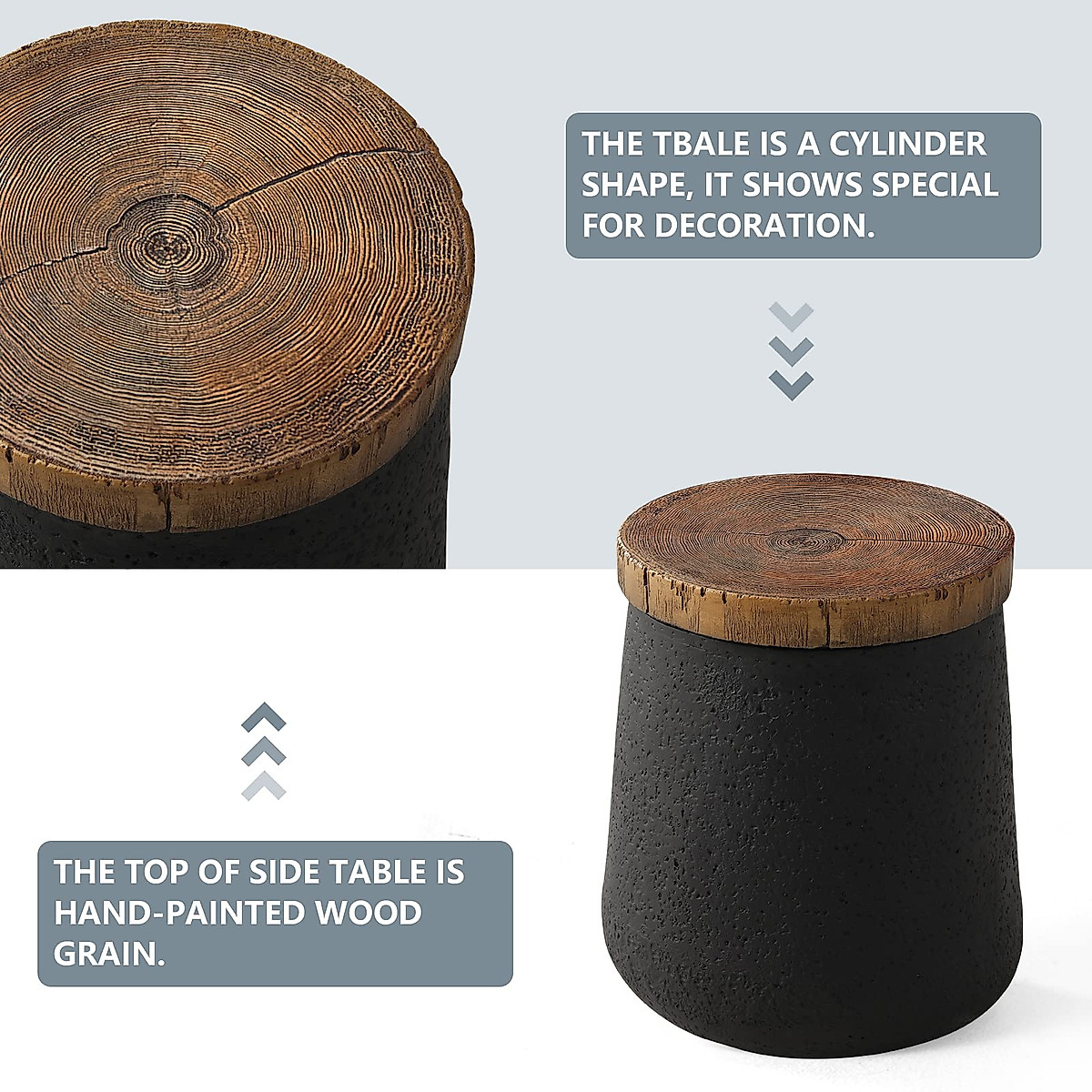 COSIEST 2 Pieces Outdoor Side Table, Set of 2 Drum End Table, Cylinder Shaped Concrete Side Table Faux-Wood Top, Black Outdoor Accent Table with Tree Trunk Slice Hand Painted, Accent Stool