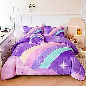 ANGIYUIN Purple Twin Bed in A Bag, 6 Pieces Rainbow Gradient Glitter Bedding Sets for Girls, 3D Galaxy Nebula Kids Comforter Set with Comforter Sheets Pillowcases for All Season