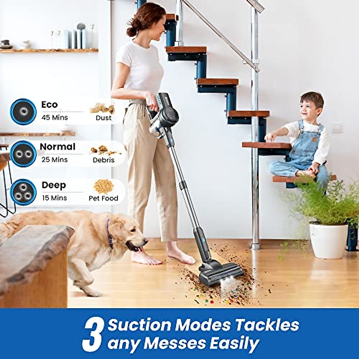 WnkimTech Cordless Vacuum Cleaner, 25Kpa Powerful Stick Vacuum for Hardwood Floor, 45 Min Rechargeable Battery, 6 in 1 Lightweight Upright Vacuum with LED Display for Pet Hair Carpet