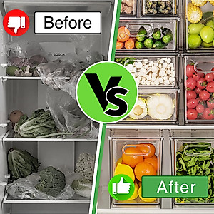 Decorelement Extra Large Refrigerator Organizer Bins with Pull-out Drawer, Stackable Clear Bins with 3 Dividers, Pantry Organization and Food Storage