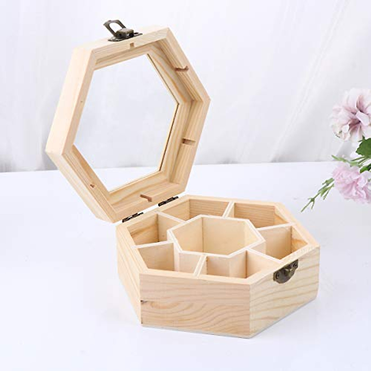 EXCEART Unfinished Wooden Jewelry Box Hexagon DIY Trinket Storage Box Blank Keepsake Organizer 7 Compartments Clear Top Craft Gift Box with Locking Clasp for Art Craft Home Decor