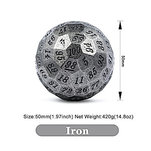 DNDND Iron D100 Metal Dice Set Single 50mm 100 Sided Die with Metal Case and Velvet Pouch for Table Game Dungeons and Dragons (Iron with Black Number)