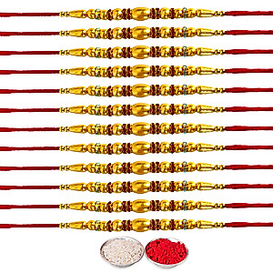 KSJONE Set of 12 Rakhi for Brothers Moti, Beads Ring Diamond Design Rakhi Traditional Handmade Rakhi Set with Roli Chawal, Indian Festive Rakshabandhan Bro Bracelet Thread Rakdi Rakhee Gift Set