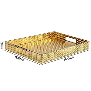 HofferRuffer Rectangle Serving Tray with Hole Handles for Coffee Table, Breakfast, Tea, Food, Butler - Countertop, Kitchen, Vanity Serve Tray, 16.2 x 12.2 x 2 inches, Faux Leather Tray (Gold)