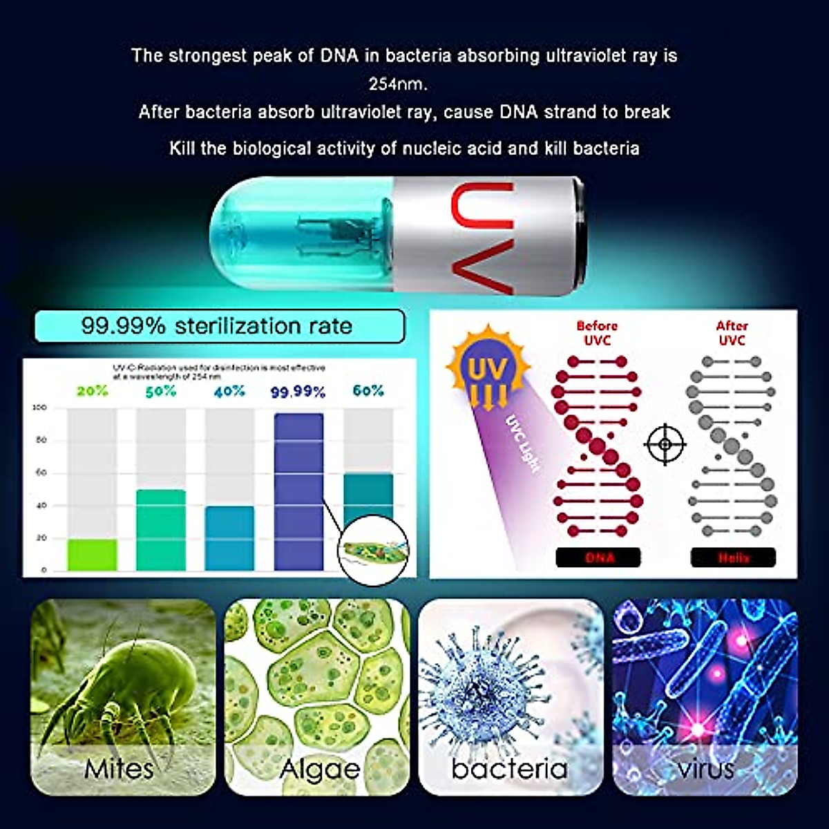 TAISHAN Aquarium Clean Light，3W Mini UV Sanitizer Submersible Light with Timer,Aquarium Water Clean Green Clear Waterproof Clean Lamp for Pond,Swimming Pool,Indoor