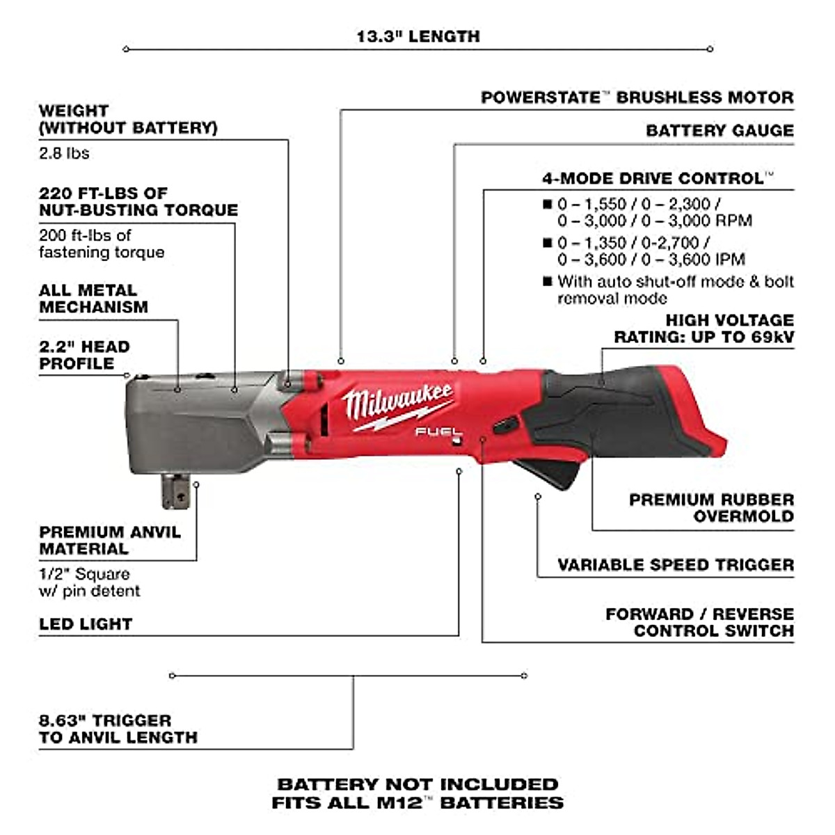 Milwaukee 2565P-20 M12 FUEL 1/2" Right Angle Impact Wrench with Pin Detent - No Battery, No Charger, Bare Tool Only