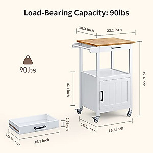 Qsun Rolling Kitchen Island Cart with Drawer, Storage on Wheels, Small Home Coffee Bar, Microwaves Stand, Table/Cabinet and Side Hook, White