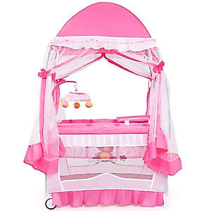 INFANS 4 in 1 Pack and Play, Portable Nursery Center Playard with Bassinet, Adjustable Canopy, Mattress, Diaper Changer, Carry Bag, Whirling Toys Music Box for Baby Boy Girl (Pink)