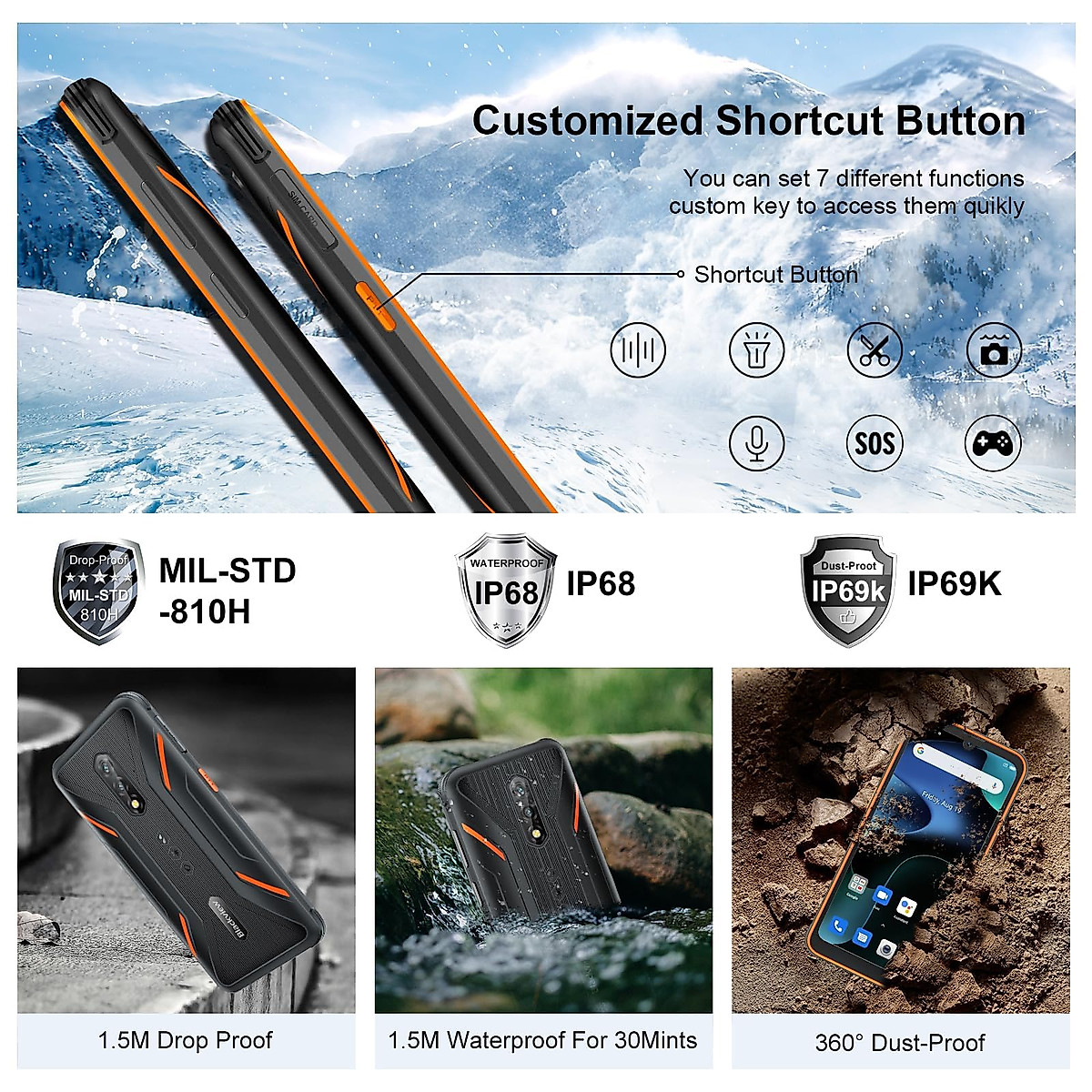 Blackview Phone BV5200, Rugged Phone 7(4+3) GB+32GB 1TB Expand, 6.1'' Incell 13MP Camera Smartphones, 5180mAh Rugged Smartphone, 3 Card Slots, IP69K, Face ID, Glove Mode, NFC/OTG/4G LTE+5G WiFi-Black