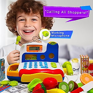 FUNERICA Toy Cash Register with Scanner, Microphone, and Interactive Calculator. Includes Grocery Food, Cuttable Fruit, Pretend Play Money - for Toddlers and Kids