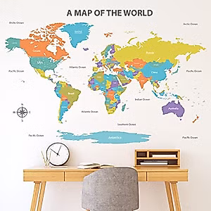 DECOWALL DL3-2302 Colourful World Map Wall Stickers Decals Poster Art Board Tapestry décor History Large for Kids Travel Bathroom Enjoy Wallpaper Vintage Home Living Room Bedroom Baby Nursery
