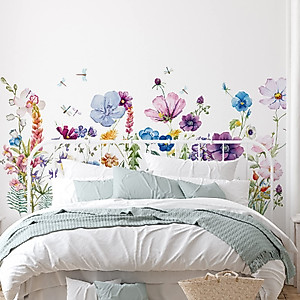 6 Pieces Flowers Wall Decals Vinyl Dragonflies Flowers Wall Stickers Removable Floral Wall Murals Peel and Stick Colorful Flower Wall Decor for Girls Bedroom Living Room Nursery (Beautiful)