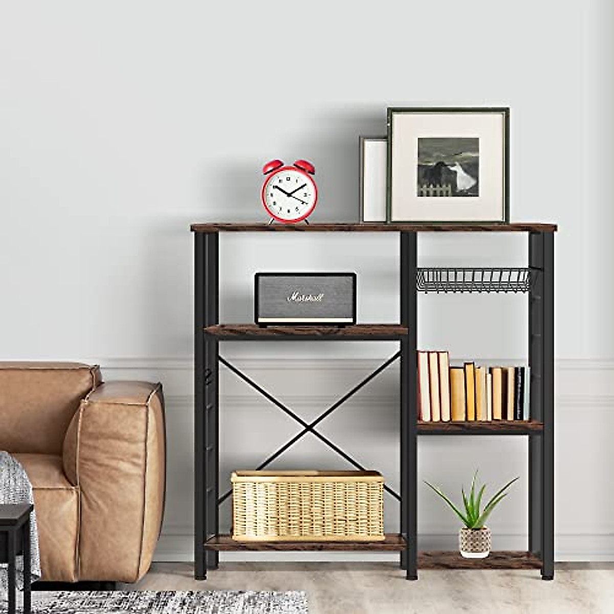 AZL1 Life Concept Industrial Kitchen Rack, Coffee Bar, Microwave Stand Metal Frame, Wire Basket 5 Hooks Mini Oven, Spices Utensils, Simple Assembly, 35.4inch, Rustic Brown