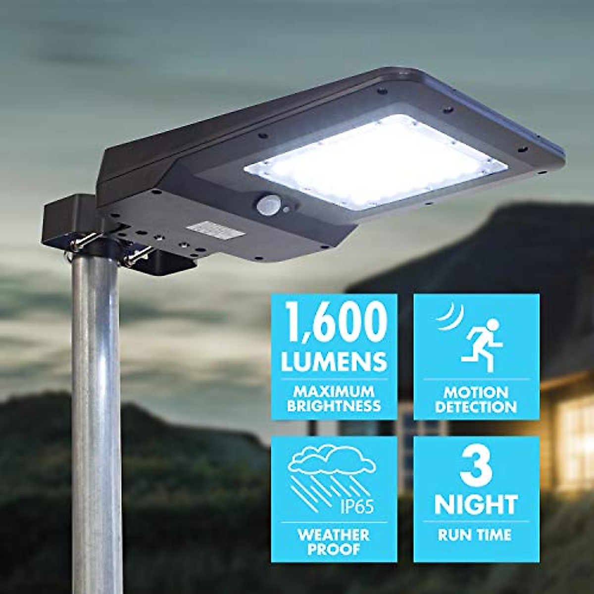 Wagan EL8586 1600 Lumen Integrated Solar Street Lamp Security Flood Light Motion Sensor Waterproof Weatherproof Dusk to Dawn Solar LED Light Lamp for Outdoor Garden Yard Path Parking Lot