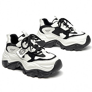 BEAU TODAY Chunky Sneakers for Women,Platform Dad Shoes for Women,Leather Comfortable lace up Casual Fashion Chunky Tennis Shoes White US 8