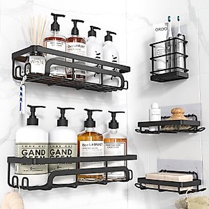 YASONIC Adhesive Shower Caddy, 5 Pack Shower Organizer with Soap Holder - No Drilling, Rustproof Shower Shelves, Shower Organizers and Storage for Inside Shower, Black