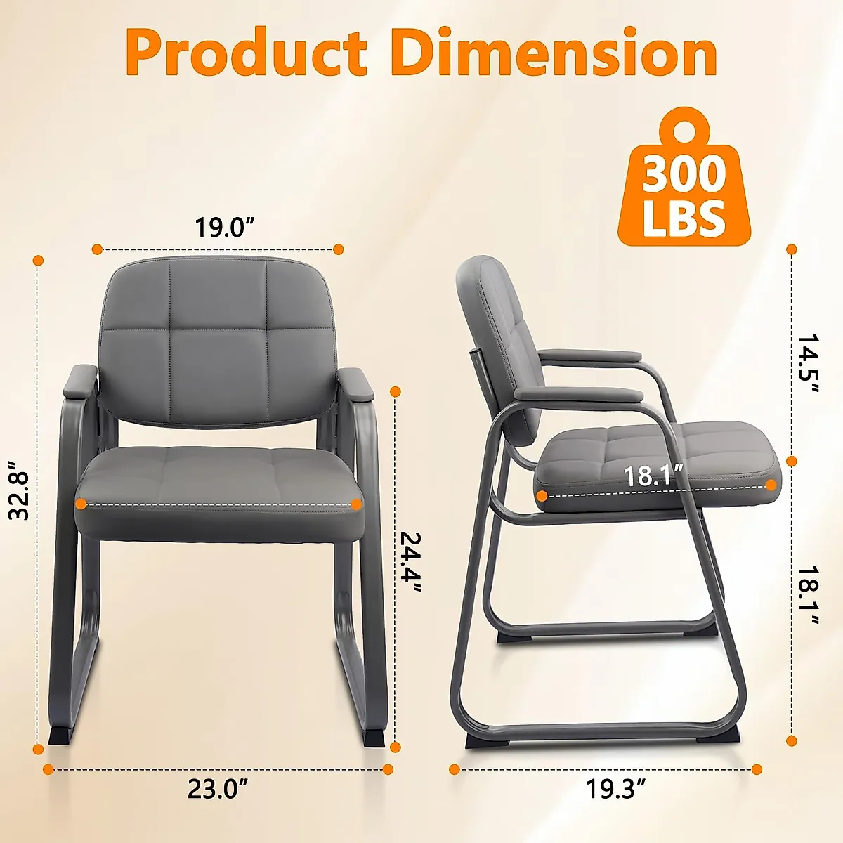CLATINA Waiting Room Chairs with Padded Arms Leather Guest Chair no Wheels for Office Reception and Conference Desk with Sled Base Grey