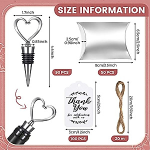 50 Pcs Wine Stoppers Heart Shaped Wedding Favors for Guests Silver Love Heart Bottle Stopper for Champagne Beer with Thank You Labels Candy Gift Box