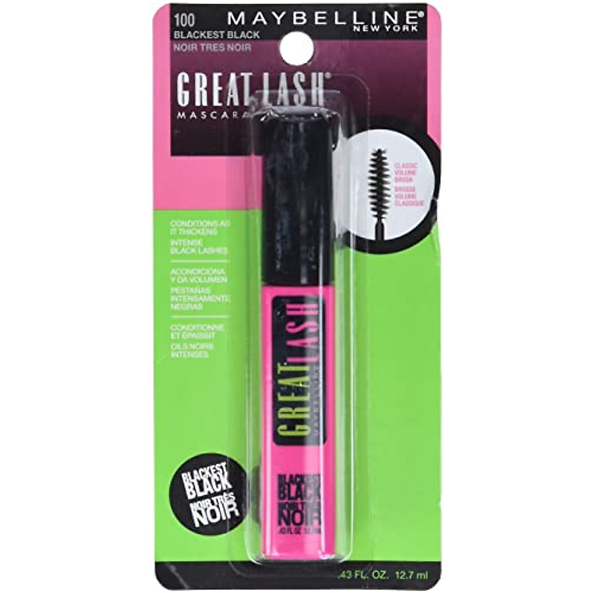Maybelline Great Lash Washable Mascara, Volumizing Lash-Doubling Formula That Conditions As It Thickens, Blackest Black, 1 Count