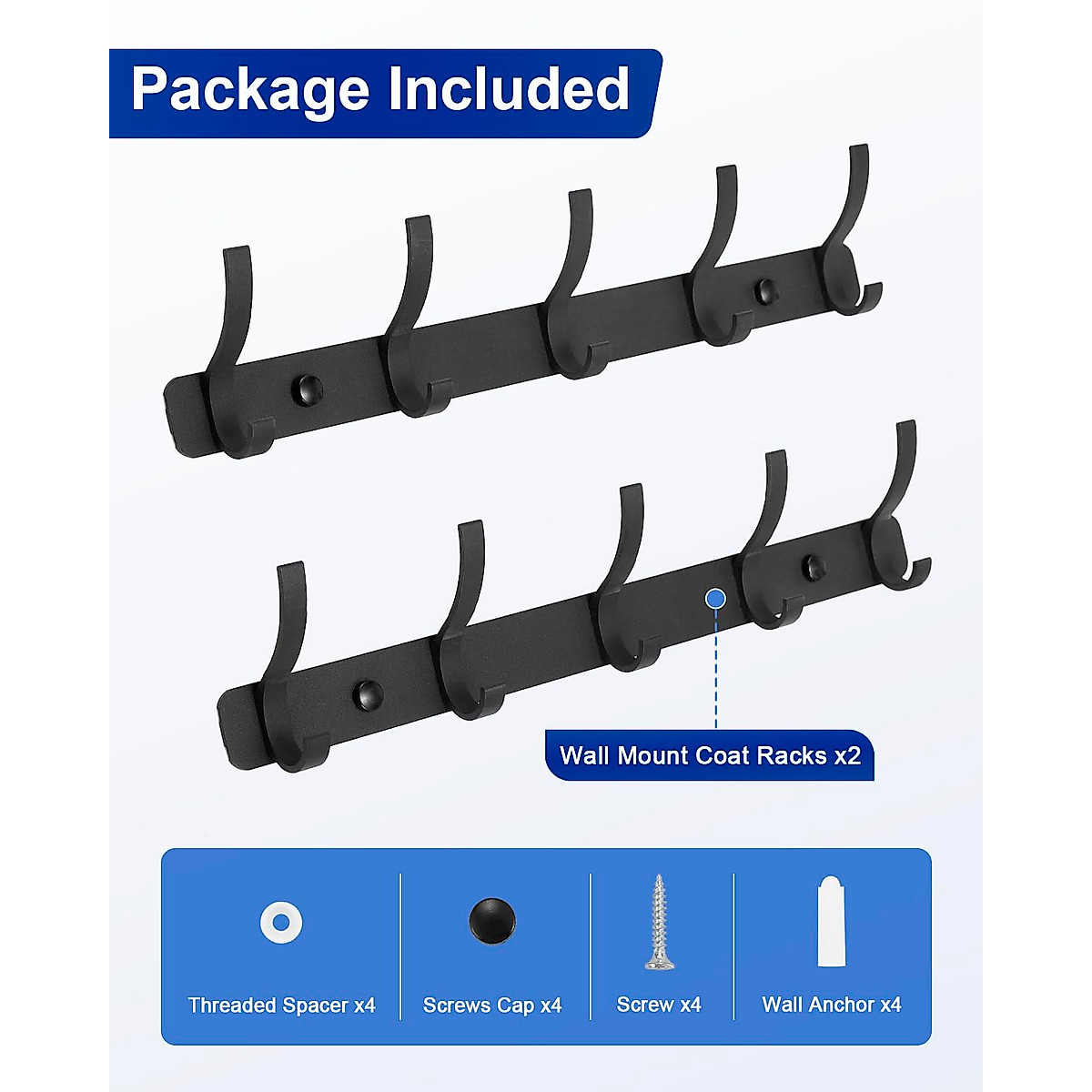 DECLUTTR 2 Pack Coat Rack Wall Mount, 5 Heavy Duty Wall Hooks for Hanging, Metal Wall Mounted Towel Rack Hat Rack for Mudroom Bathroom Entryway, Black